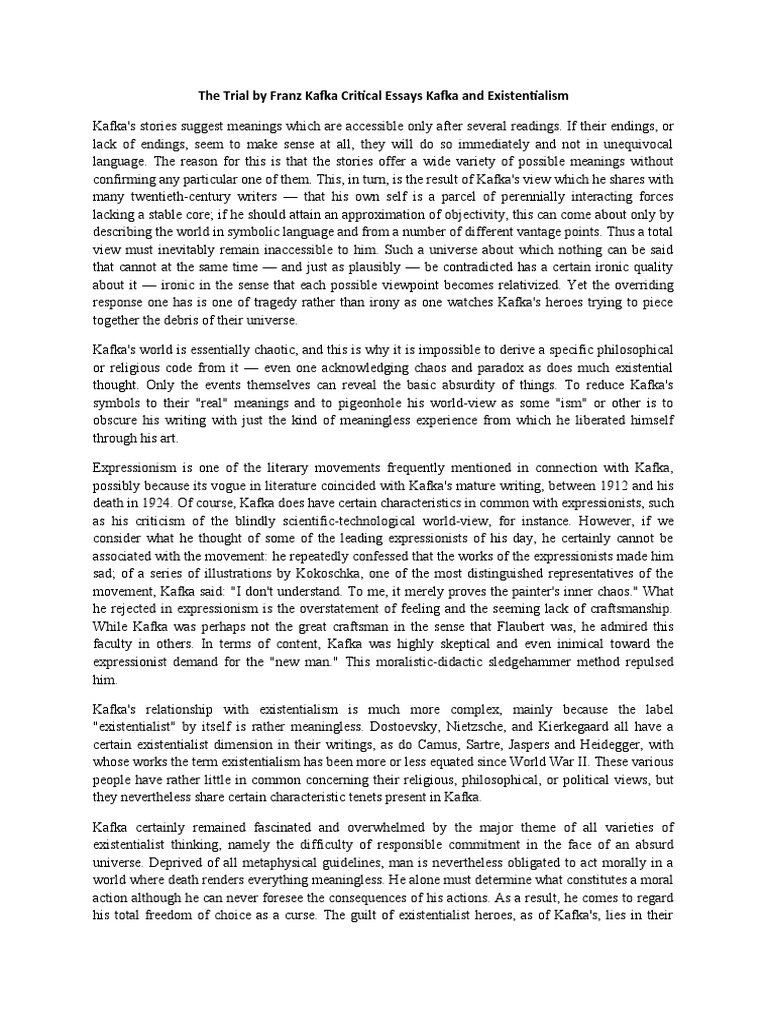 The Trial by Franz Kafka Critical Essays Kafka and Existentialism | PDF | Existentialism | Franz ...