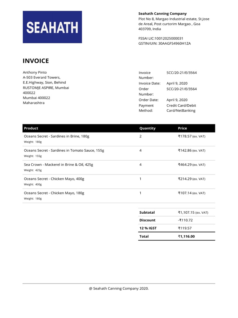 Seahath Canning Company Invoice Details | PDF