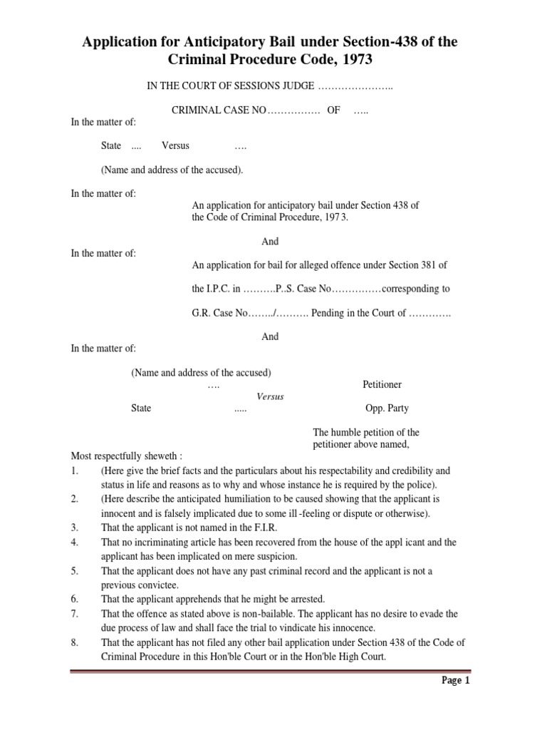 Application For Anticipatory Bail Under Section-438 of The Criminal Procedure Code, 1973 | PDF ...