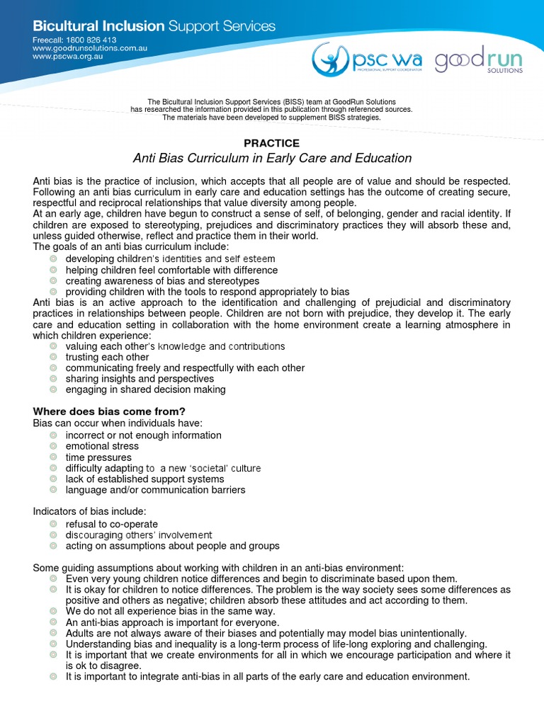 Anti Bias Curriculum in Early Care and Education: Practice | PDF | Bias | Prejudices