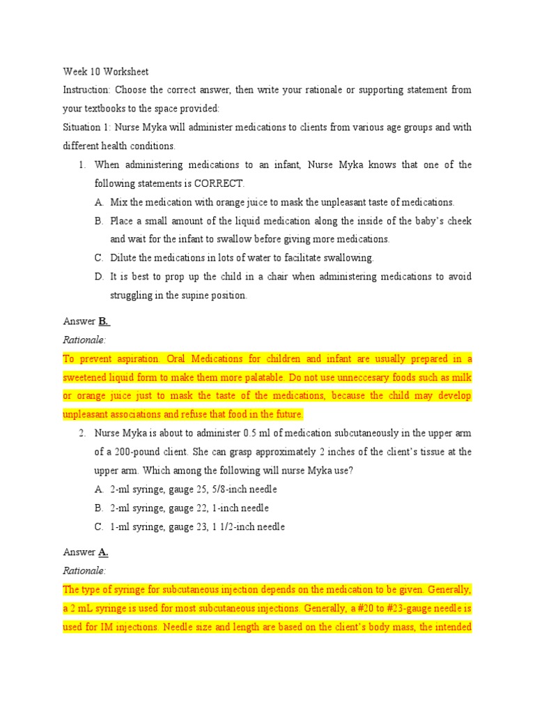 Week 10 Worksheet | PDF | Pain | Injection (Medicine)