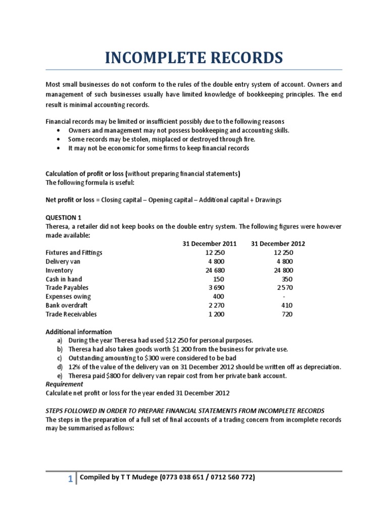 Incomplete Records: Calculation of Profit or Loss (Without Preparing ...