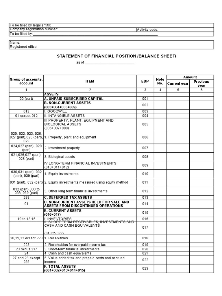 Statement of Financial Position /balance Sheet/: - in EUR | PDF ...