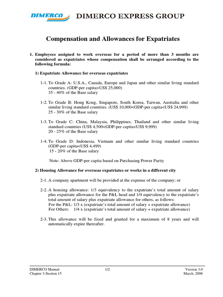 Compensation and Allowances For Expatriates: DIMERCO Manual 1/2 Chapter ...