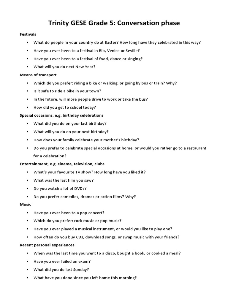 Grade 5 - TRINITY QUESTIONS | PDF | Holidays | Festival