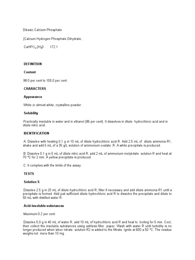 Dibasic Calcium Phosphate Analysis Guide | PDF | Solubility | Acid