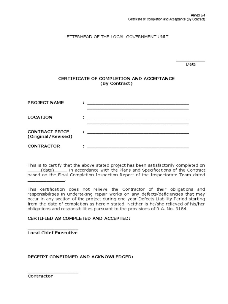Annex L-1 - Certificate of Completion and Acceptance (By Contract) | PDF