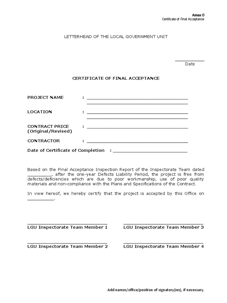 Final Acceptance Certificate Template | PDF