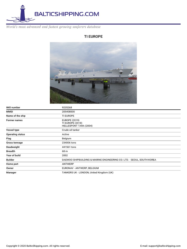 Vessel Particulars TI EUROPE IMO No. 9235268 | PDF