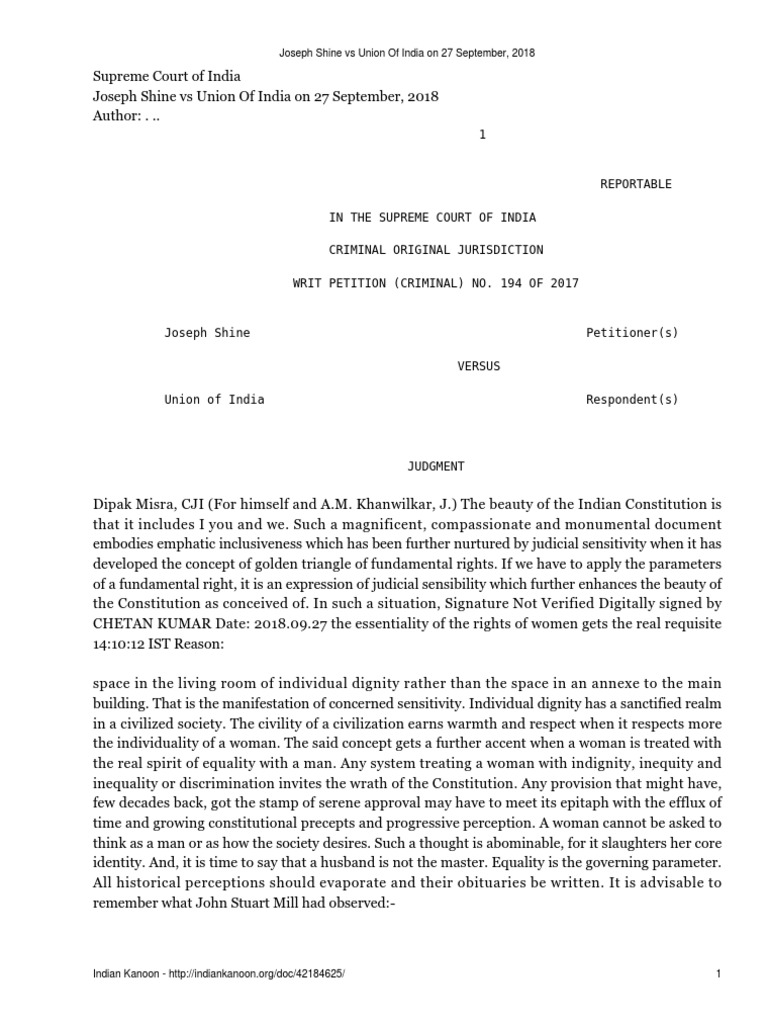 Joseph Shine Vs Union of India On 27 September, 2018 | PDF | Adultery ...