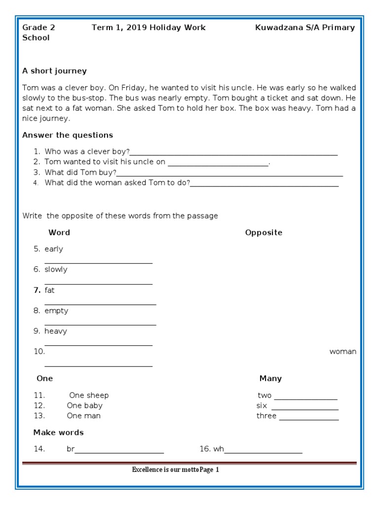Grade 2 Term 1, 2019 Holiday Work Kuwadzana S/A Primary School | PDF