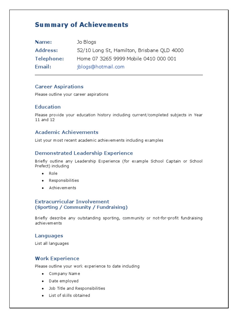 Summary of Achievements Template | PDF