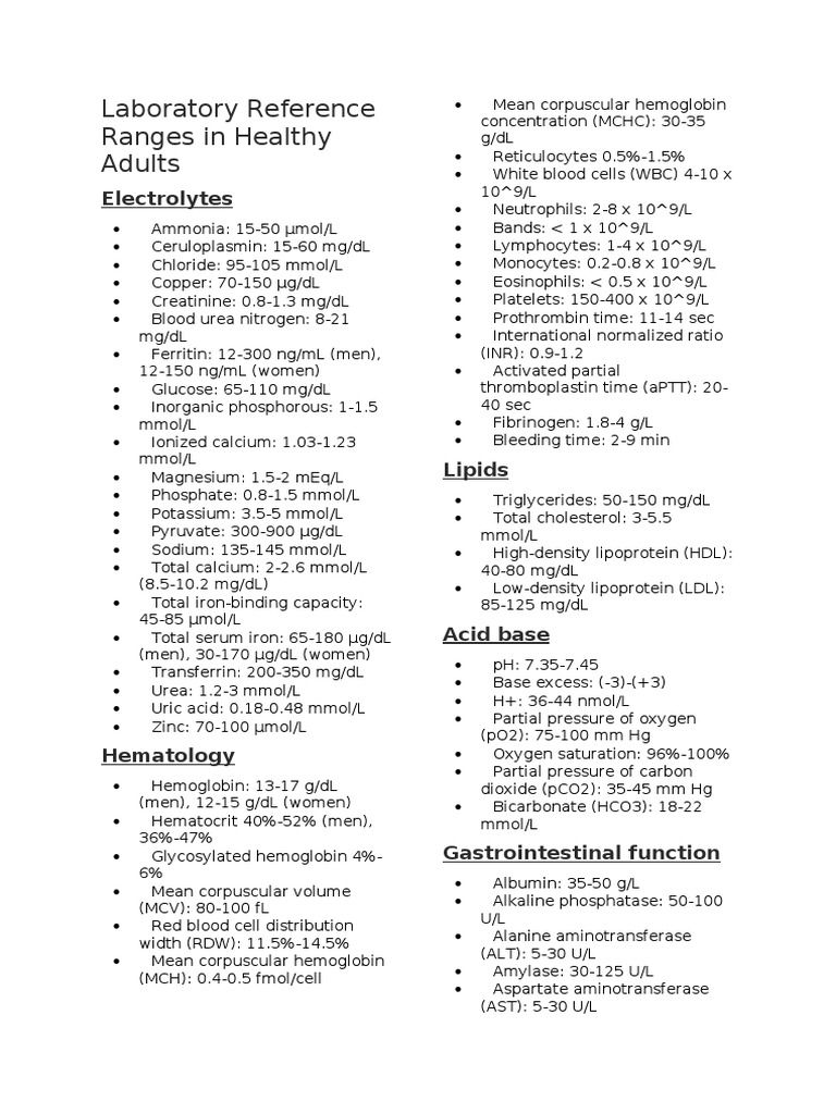 Laboratory Reference Ranges in Healthy Adults: Electrolytes | PDF ...