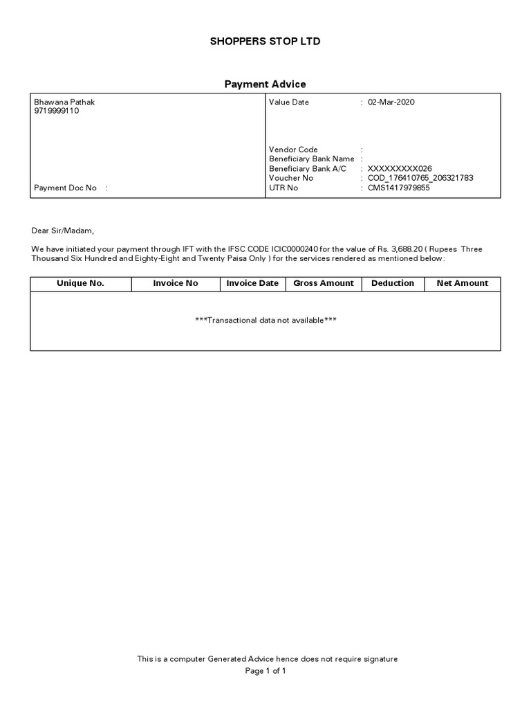 Shoppers Stop LTD: Unique No. Invoice No Invoice Date Gross Amount ...