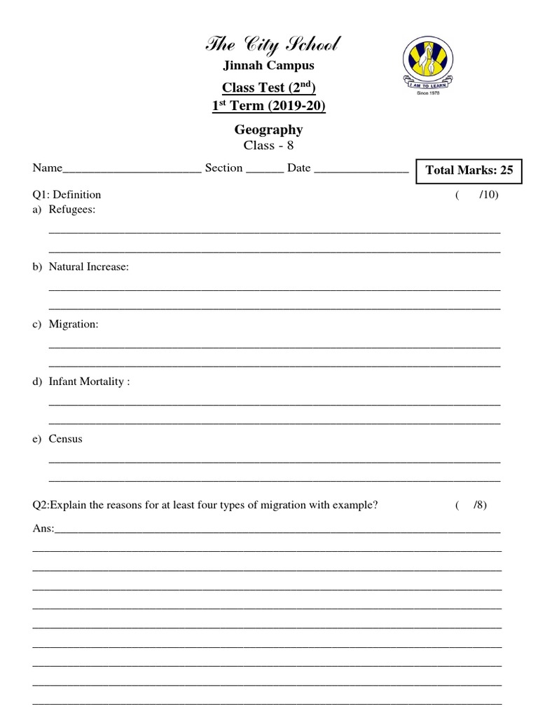 Class 8 Geography Test - 1st Term 2019-20 | PDF