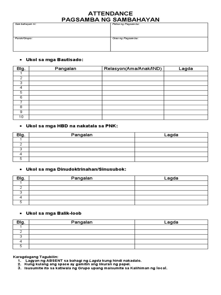 Attendance Pagsamba NG Sambahayan: Ukol Sa Mga Bautisado | PDF