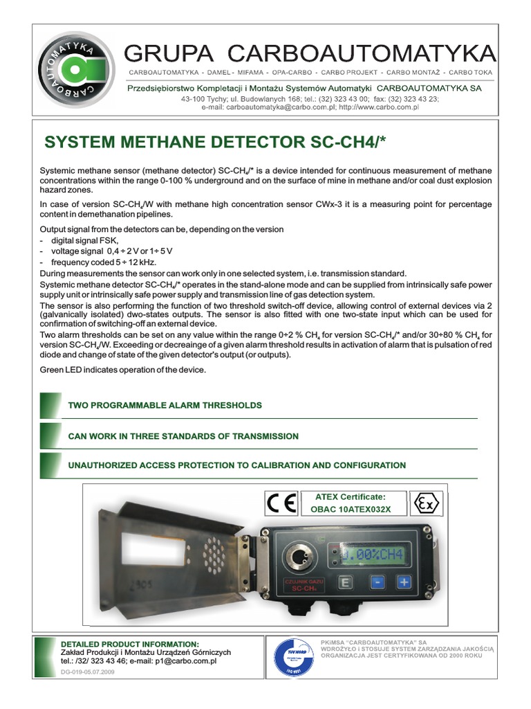 System Methane Detector Sc-Ch4/ : Two Programmable Alarm Thresholds ...