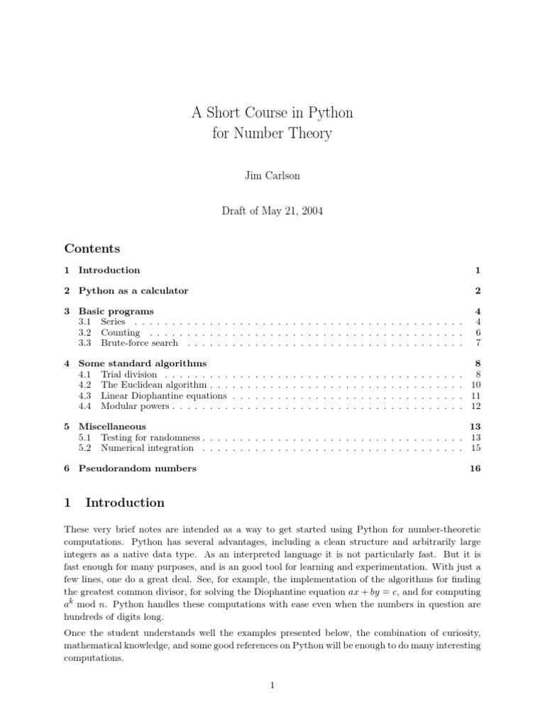 A Short Course in Python For Number Theory: Jim Carlson | PDF ...