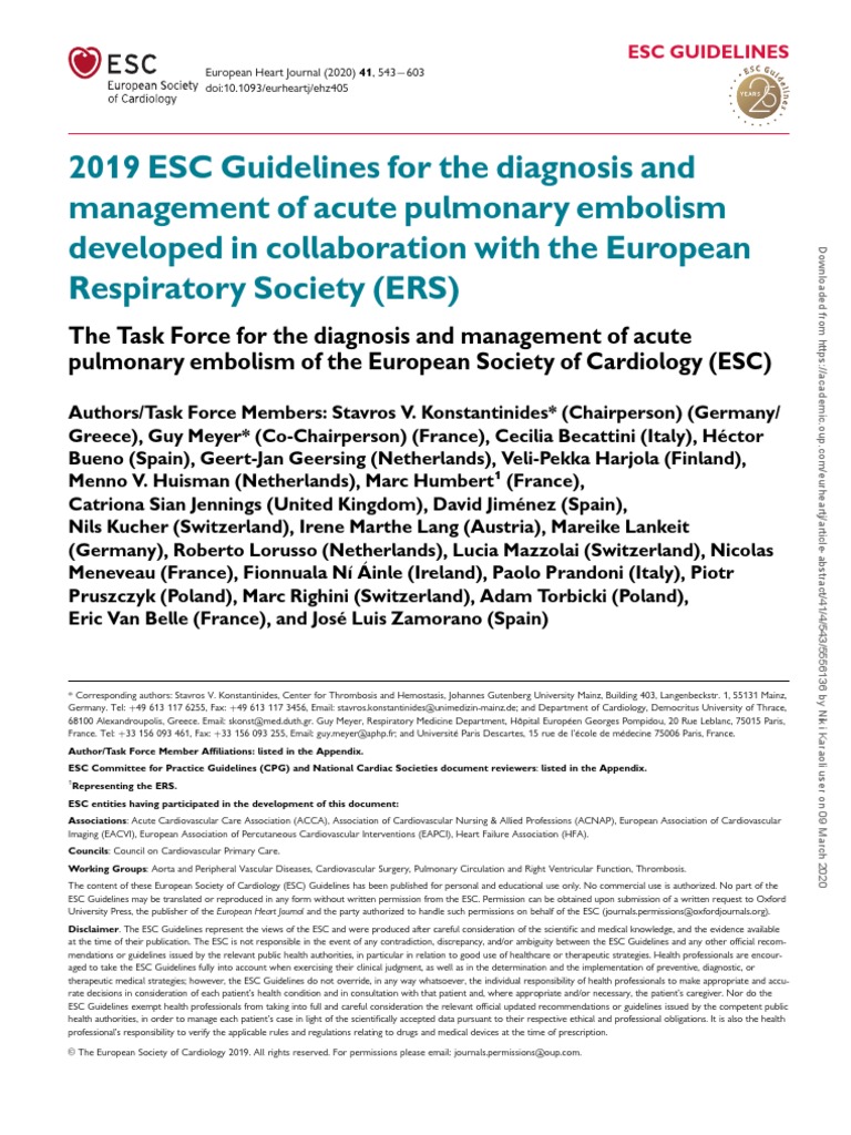 2019 ESC Guidelines for the diagnosis and management of acute pulmonary ...
