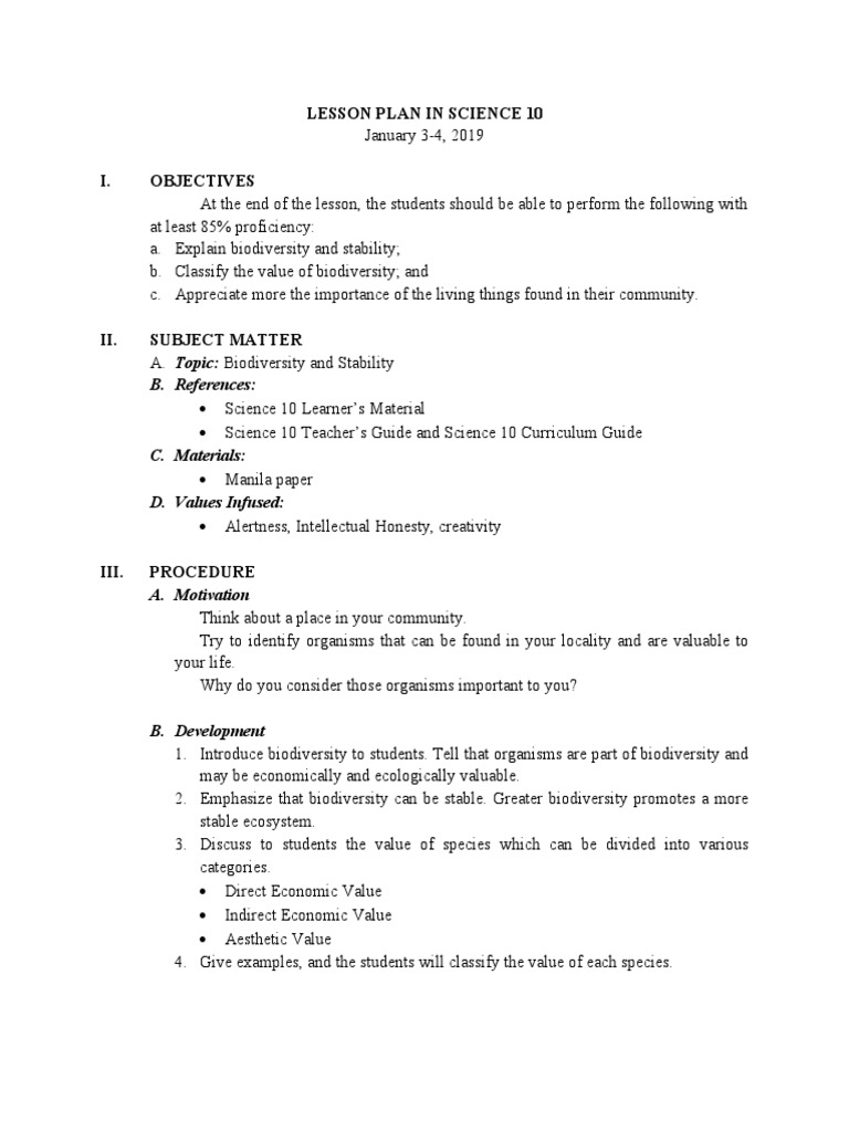 Lesson Plan in Science 10: B. References | PDF | Biodiversity | Lesson Plan