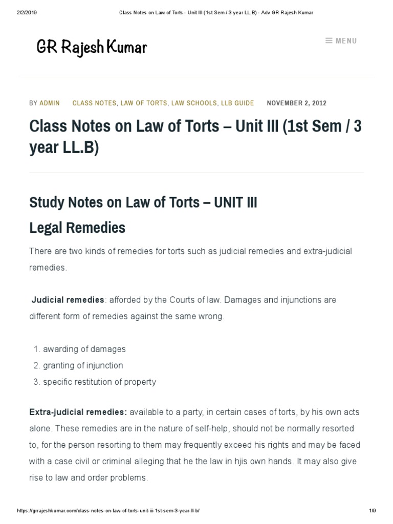 Class Notes On Law of Torts - Unit III (1st Sem / 3 Year LL.B) | PDF ...