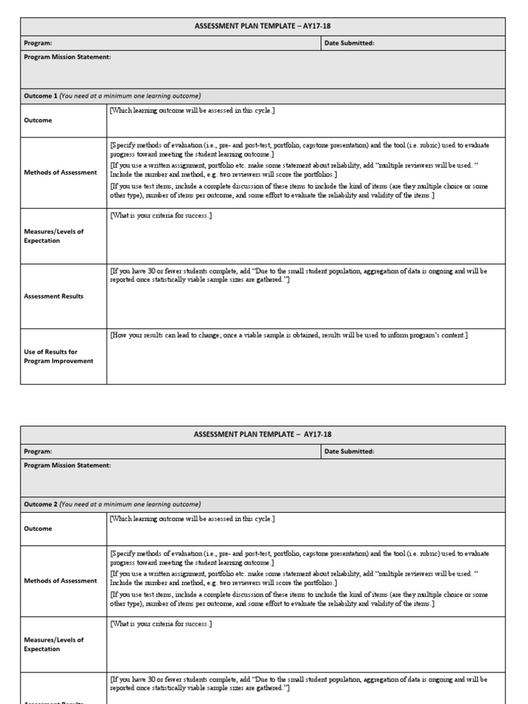 Example 2 - Assessment Plan Template PDF | PDF | Educational Assessment ...