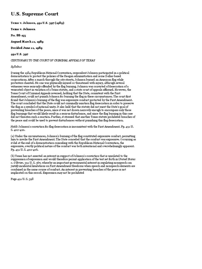 Texas vs. Johnson, 491 US 397 (1989) | PDF | First Amendment To The ...