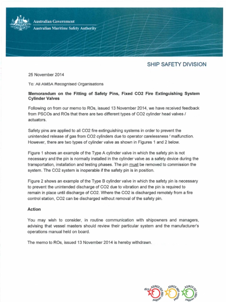 Memo To AMSA ROs, Fixed CO2 Fire Extinguishing System Cylinder Valve ...