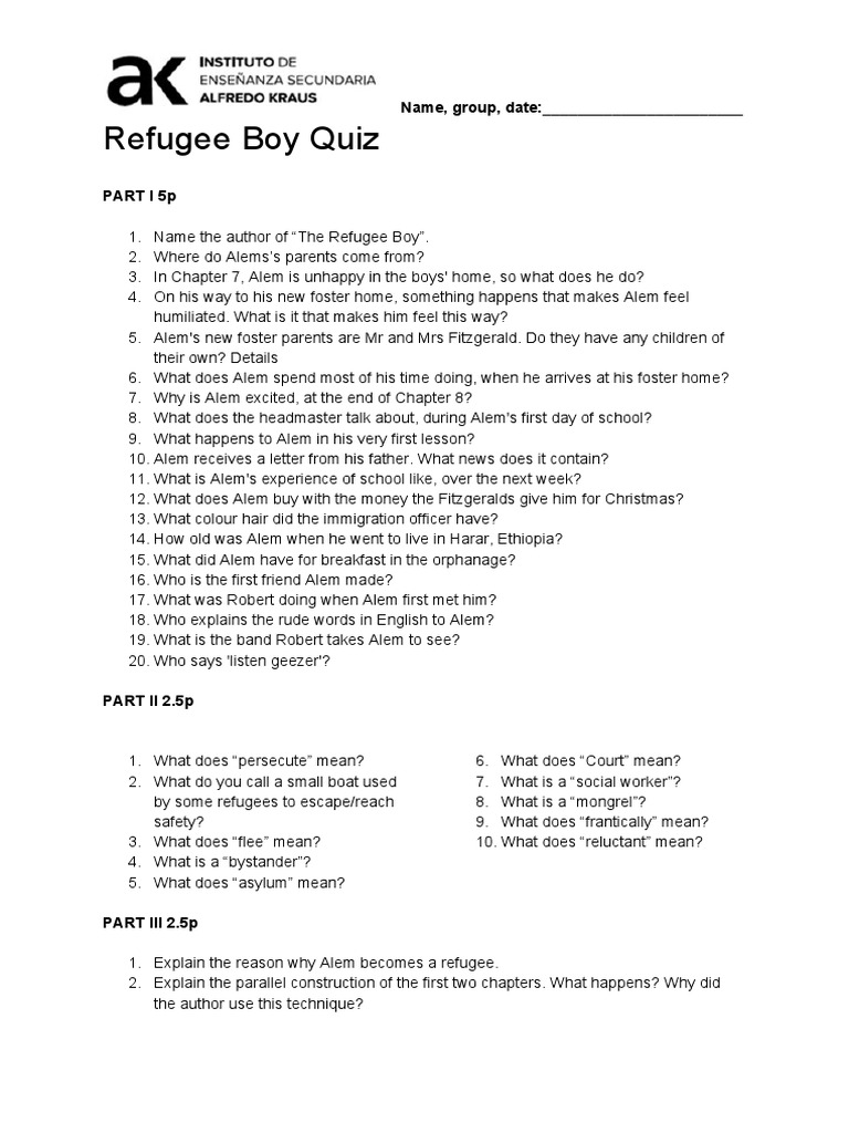 Refugee Boy Quiz | PDF