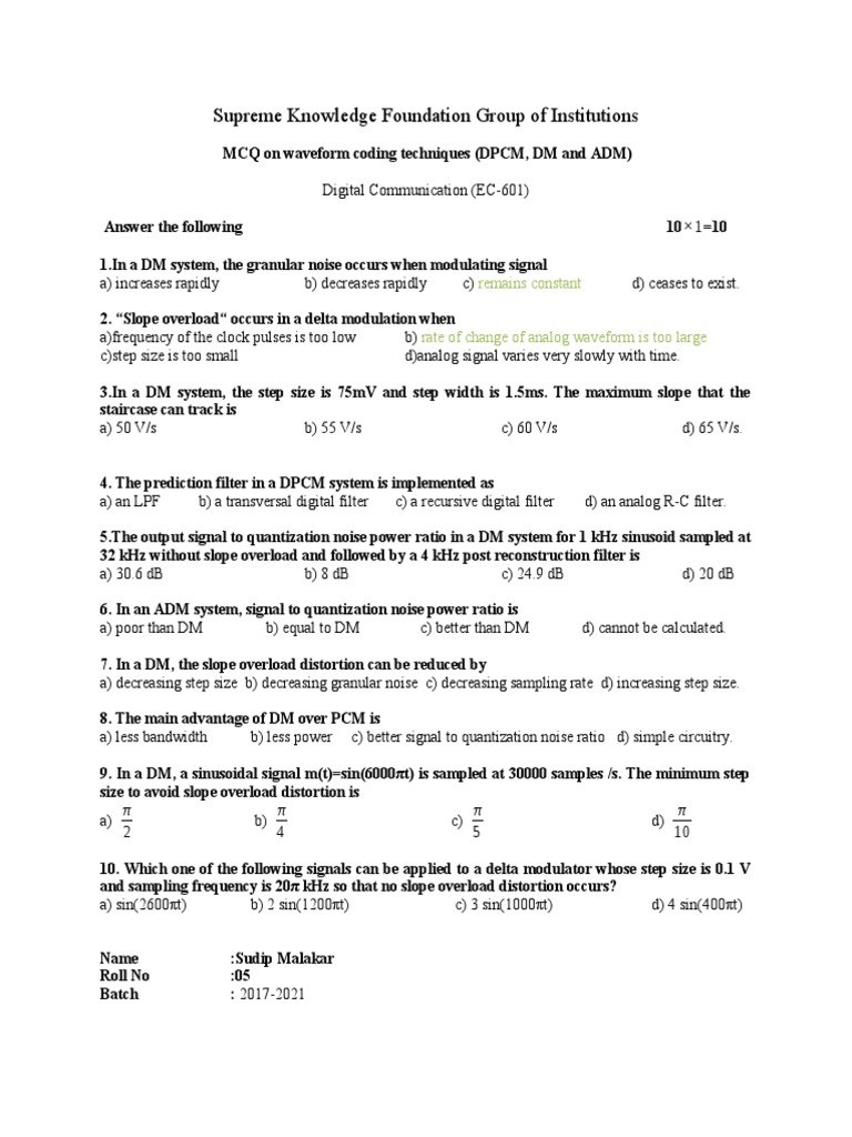 MCQ On Waveform Coding Techniques (DPCM, LDM & ADM) - 2020 | PDF | Sampling (Signal Processing ...