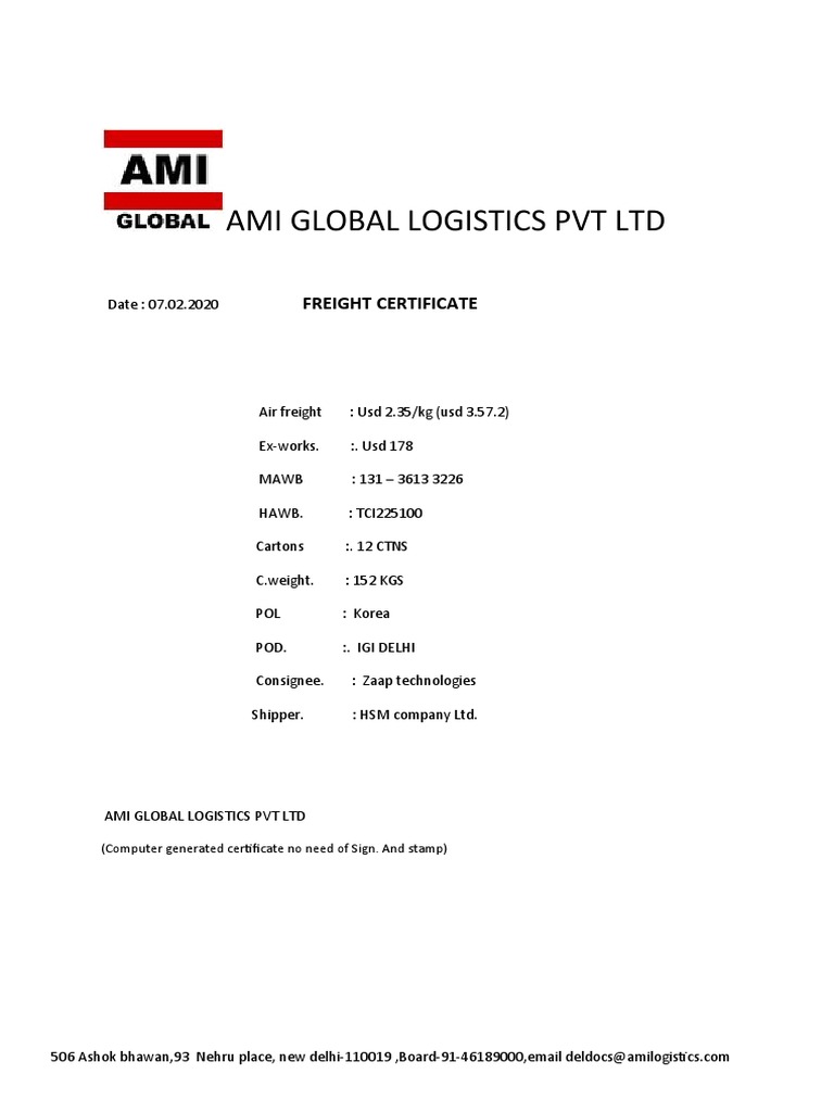 Ami Global Logistics PVT LTD: Freight Certificate | PDF