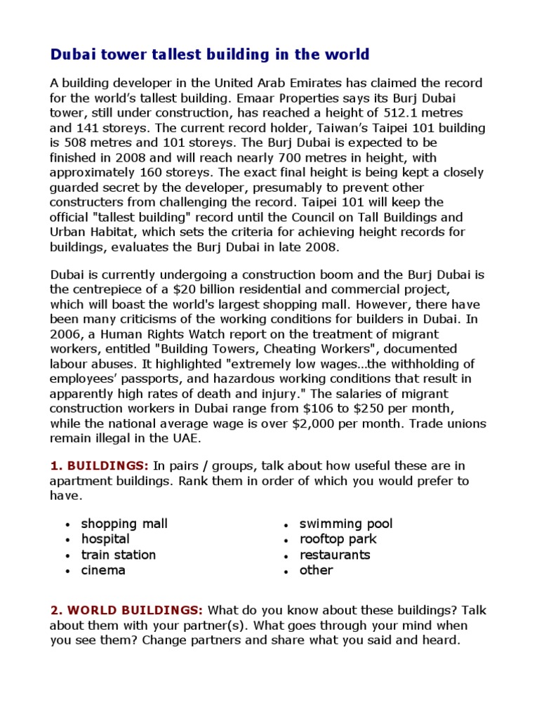 Dubai Tower Tallest Building in The World | PDF | Dubai