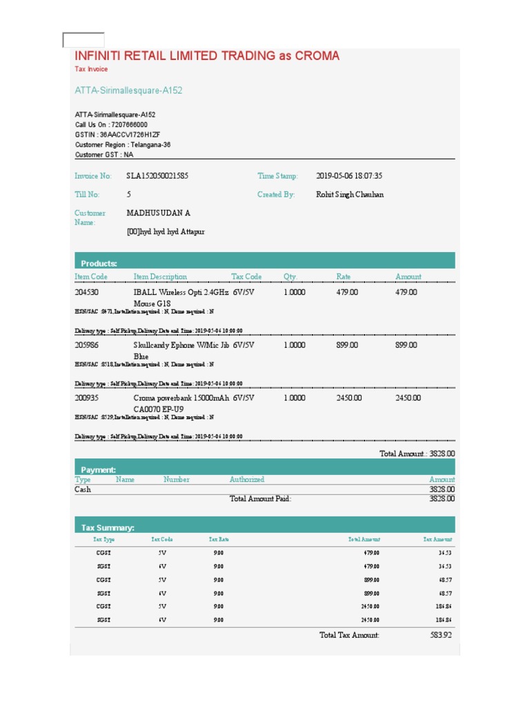 Infiniti Retail Limited Trading As Croma: ATTA-Sirimallesquare-A152 ...