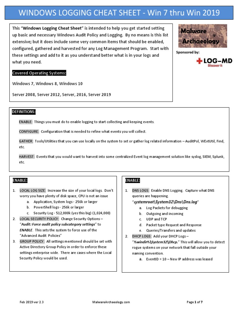 Windows Logging Cheat Sheet Win 7 Thru Win 2019 Covered Operating