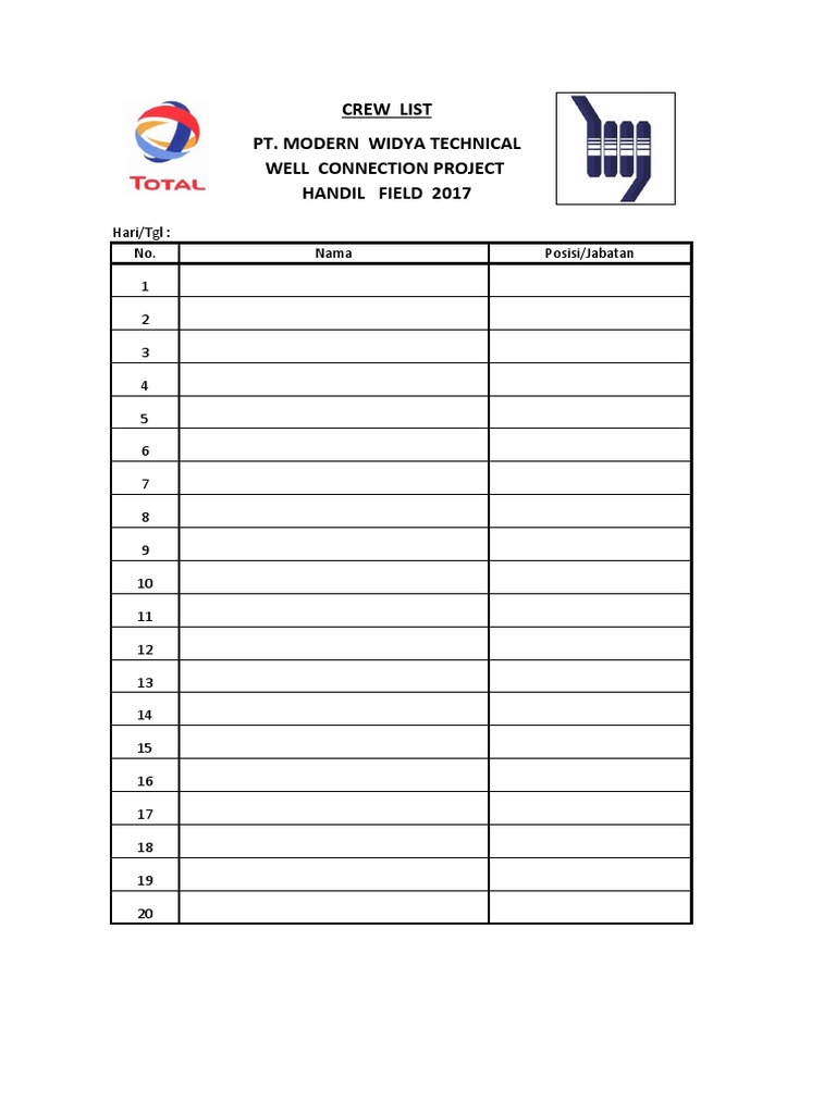 Crew List Pt. Modern Widya Technical Well Connection Project Handil ...