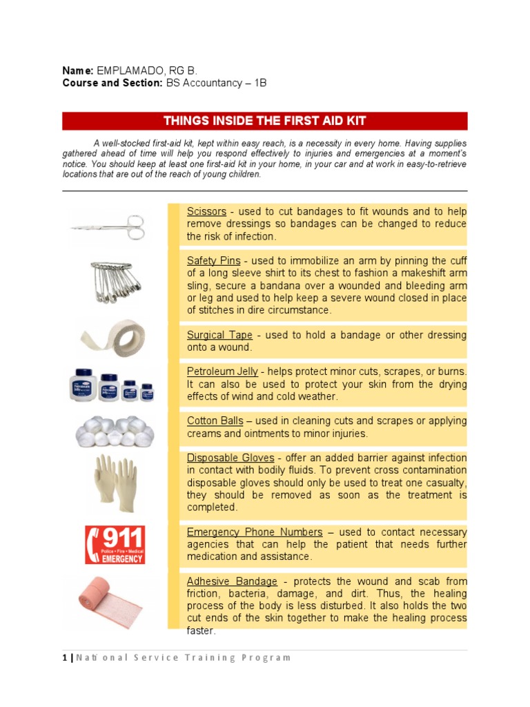 Things Inside The First Aid Kit: Name: Emplamado, RG B. Course and ...