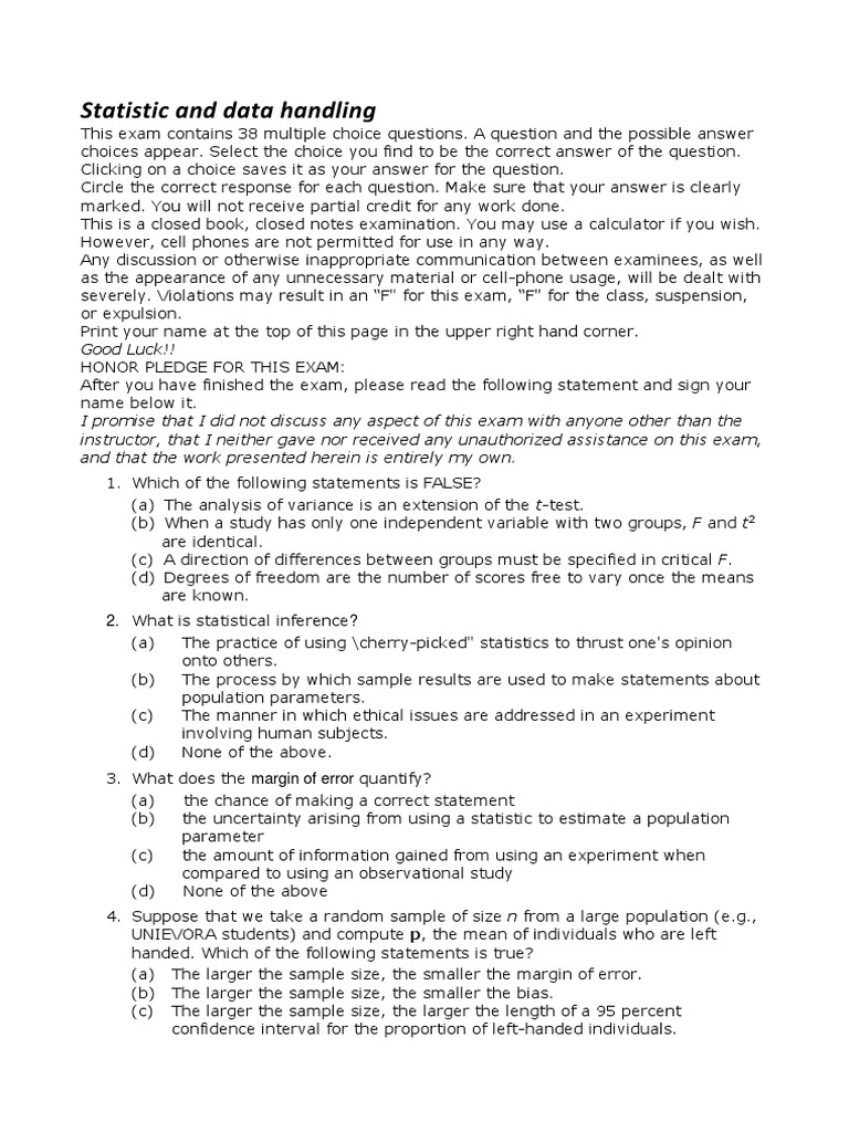 Statistics Test Instructions and Guidelines | PDF | Type I And Type Ii ...