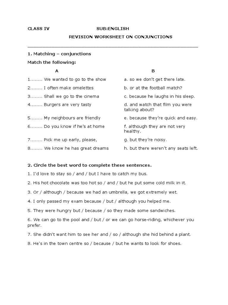Class Iv Sub:English Revision Worksheet On Conjunctions - 1. Matching ...