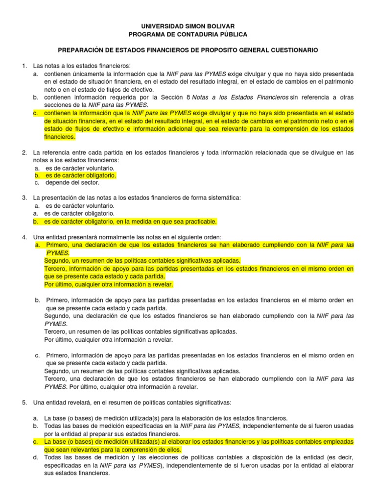 Cuestionario Notas y EEFF | PDF | normas internacionales de INFORMACION FINANCIERA | Estado ...