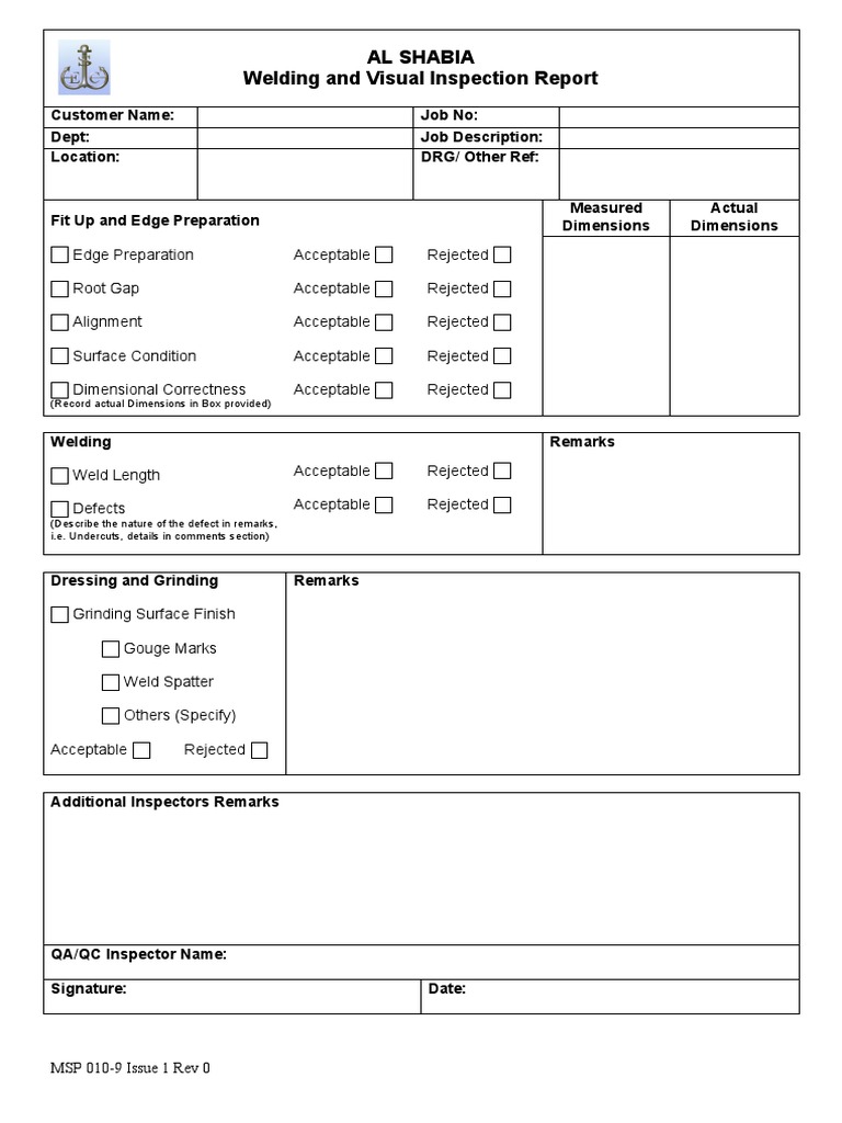 MSP 010-9 Welding and Visual Inspection Report | PDF