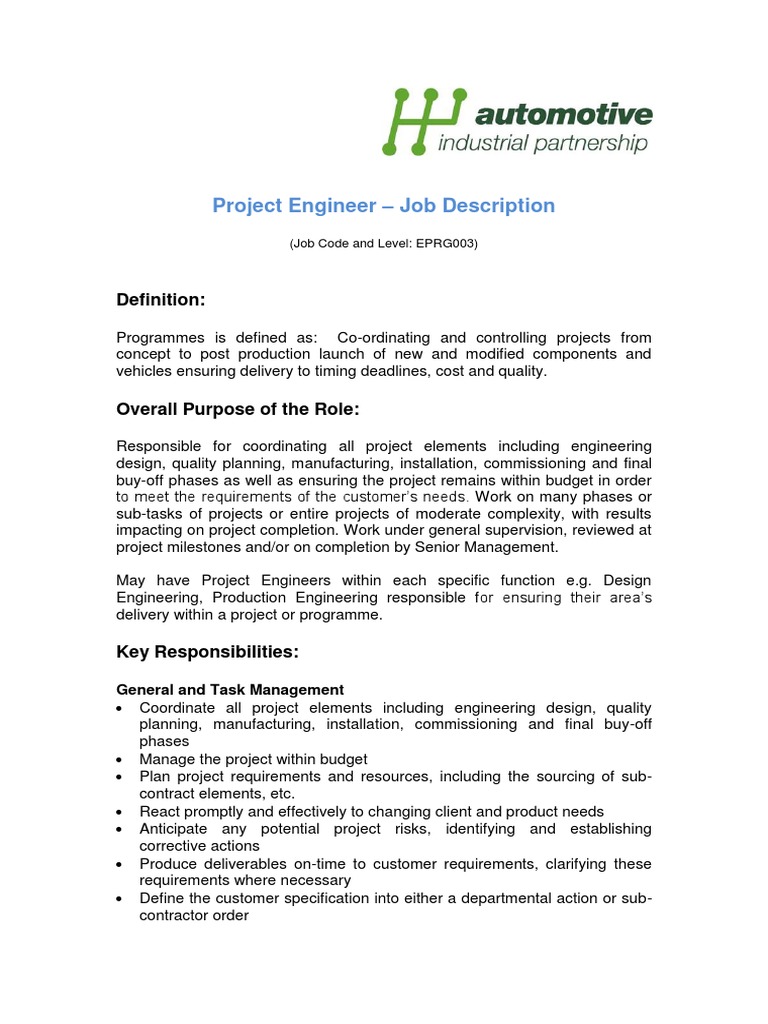 Project Engineer - Job Description: Definition | PDF | Performance ...