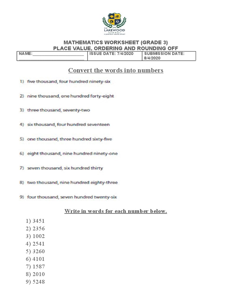 Convert The Words Into Numbers: Mathematics Worksheet (Grade 3) Place ...