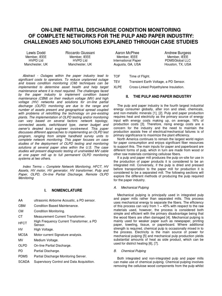 On-line Partial Discharge in Pulp Industry | PDF | Pulp (Paper) | Paper