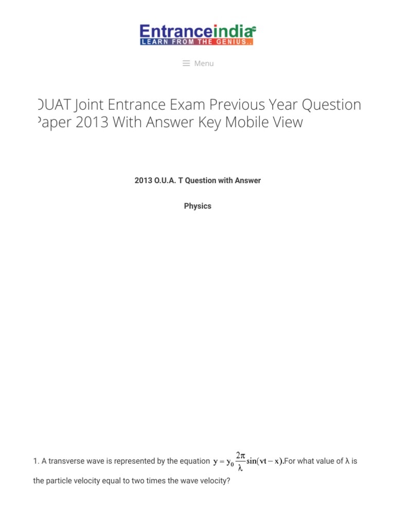 OUAT 2013 Question Papers With Answer Key - ENTRANCEINDIA | PDF | Waves ...