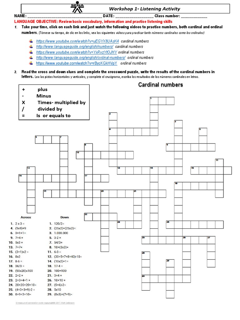 Cardinal Numbers: + Plus - Minus X Times-Multiplied by / Divided by Is ...
