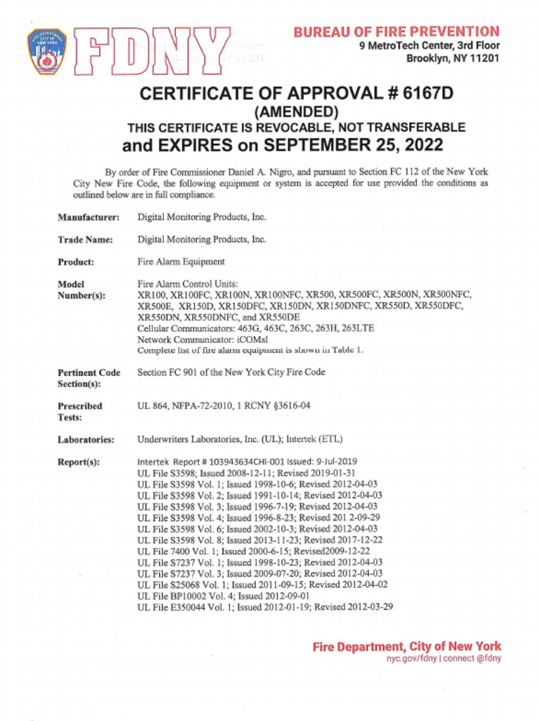 Certificacion FDNY COA 6167D | PDF