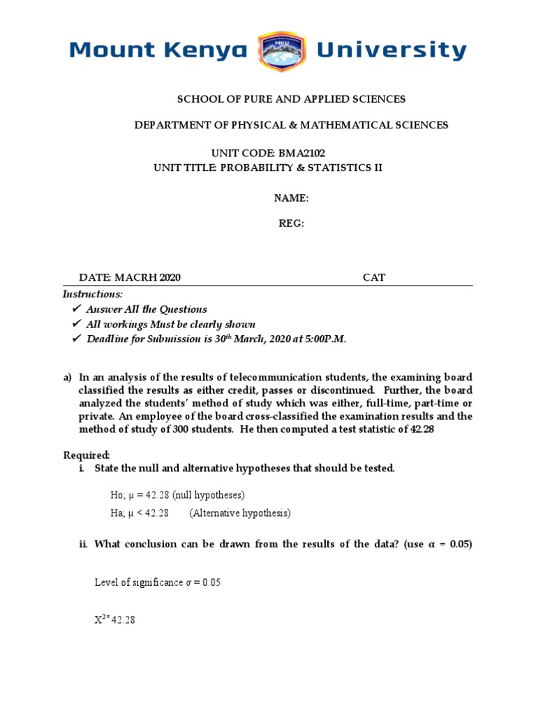 SCHOOL OF PURE AND APPLIED SCIENCES PROBABILITY & STATISTICS II | PDF ...