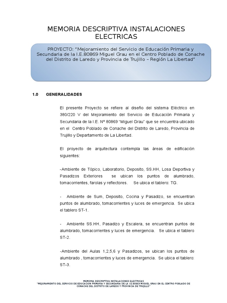 4.-Memoria Descriptiva Electricas Conache | PDF | Cobre | Enchufes y tomas de corriente alterna