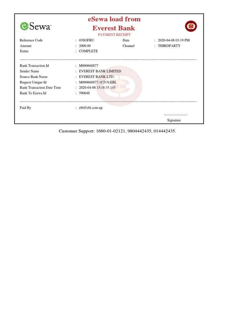 Esewa Load From Everest Bank: Payment Receipt | PDF