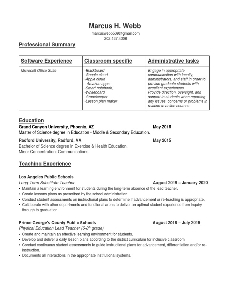 Marcus Webb Resume 2020 | PDF | Teachers | Lesson Plan
